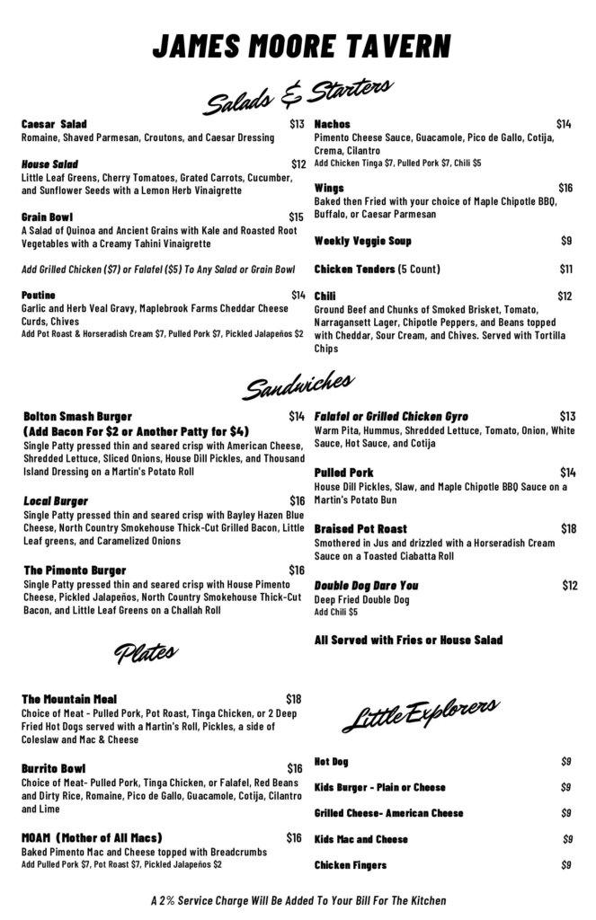 James Moore Tavern Food & Drink Menus - Bolton Valley